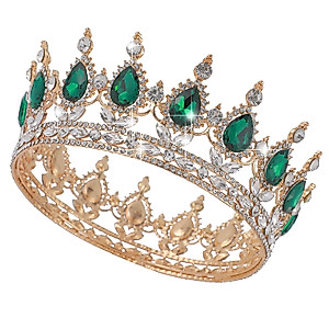 Kamirola Vintage Royal Queen Teardrop Rhinestone Diadem Tiaras Crown Pageant Prom Diadem Bride Wedding Hair Jewelry Accessories (Green-gold)