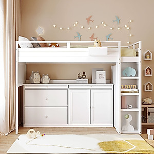 Merax Loft Bed Twin Size with Desk, Super Storage Space with Drawers & Cabinet (Movable Design), White