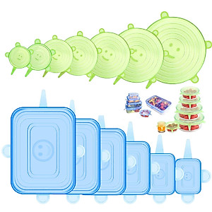 ONEGOL Silicone Stretch Lids, 12 Pcs Silicone Lids, 6 Sizes BPA-free Silicone Bowl Covers Reusable for Cups, Bowls and Dish, Flexible, Round and Rectangle Fit 2.8” - 8.2” Container, Green & Blue