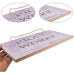 Ergonflow Pray About Everything Wooden Sign Decor 9.5" by 5.75" Decorative Signs Inspirational Sign, Wood Hanging Sign with Rope