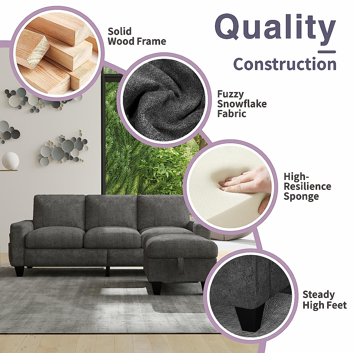 Sectional Sofa L-Shaped Couch, Snowflake Fabric Couch for Living Room with Reversible Storage Chaise & Side Storage Pockets, 3-Seat Sofa for Living Room/Apartment/Dorm/Office/Small Space (Gray)