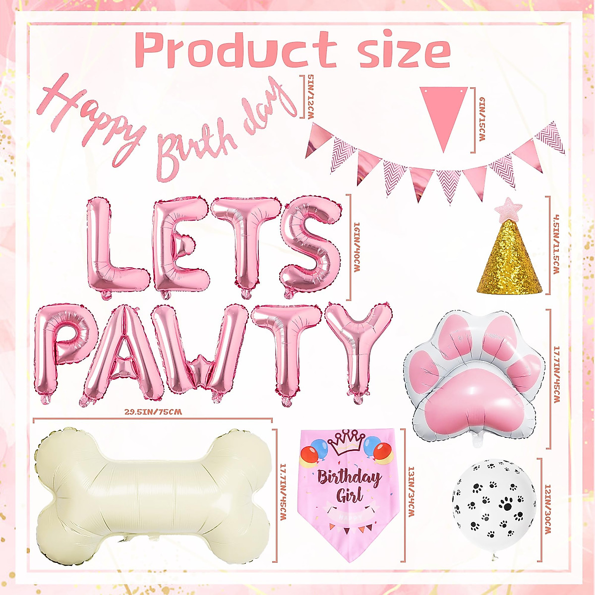 Dog Birthday Decorations Girls - Dog Party Decorations Cute Dog Girl Birthday Bandana Hats Happy Birthday Banner Pennant Pink Dog Paw Bone Foil Balloons for Pet Puppy Party Supplies