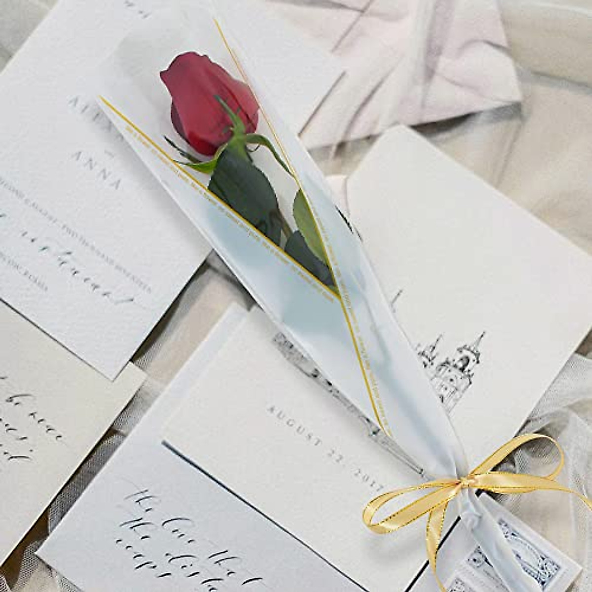 BEISHIDA 100 PCS Single Rose Sleeve Single Flower Wrapping Bags Single Rose Packaging Cellophane Flower Sleeves for Florist Bouquet Supplies Mother's Day Valentine's Day (White and Gold Edge)