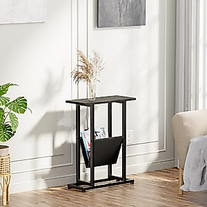 LAKEMID Narrow Side Table Set of 2, Skinny End Table with Magazine Holder, Thin Bedside Table for Small Spaces Living Room, Small Nightstands Bedroom, Black