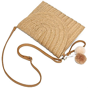 YIKOEE Straw Purse for Women Summer Beach Woven Bag With PomPom (Khaki)