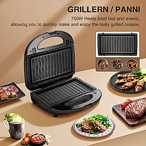 5-in-1 Belgian Waffle Maker, 750W Power Sandwich Maker, Non Stick Panini Press Grill, 2-Slice Compact Toaster, Electric Grilled Cheese Maker, 3 Detachable Plates, LED Indicator Lights, Suitable for Breakfast & Snacks