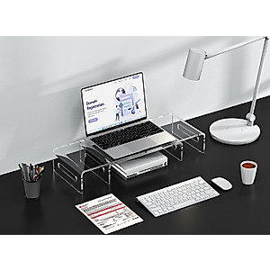 ErgoFocus Acrylic Monitor Stand Riser, Dual Monitor Stand with Adjustable Length and Angle, Clear Monitor Stand for 2 Monitors, 3 Shelf Monitor Stand Riser with Anti-Slip Mat for Computer