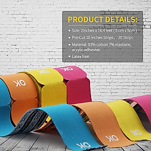 OK TAPE Kinesiology Tape 10 inches Precut, 20 Strips, Cotton Elastic Athletic Tape Latex Free, 2inch x 16ft, Light Blue