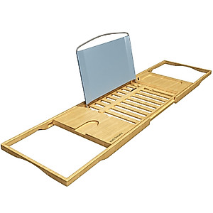 Bamboo Bathtub Tray - Wood Bath Caddy with Book, Phone, or Tablet Rest, Cup Holder, and Extended Sides for Bath Accessories by Home-Complete (Natural)