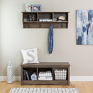 Prepac Entryway Shoe Cubbie Bench, Drifted Gray & 48" Wide Hanging Entryway Shelf, Drifted Gray