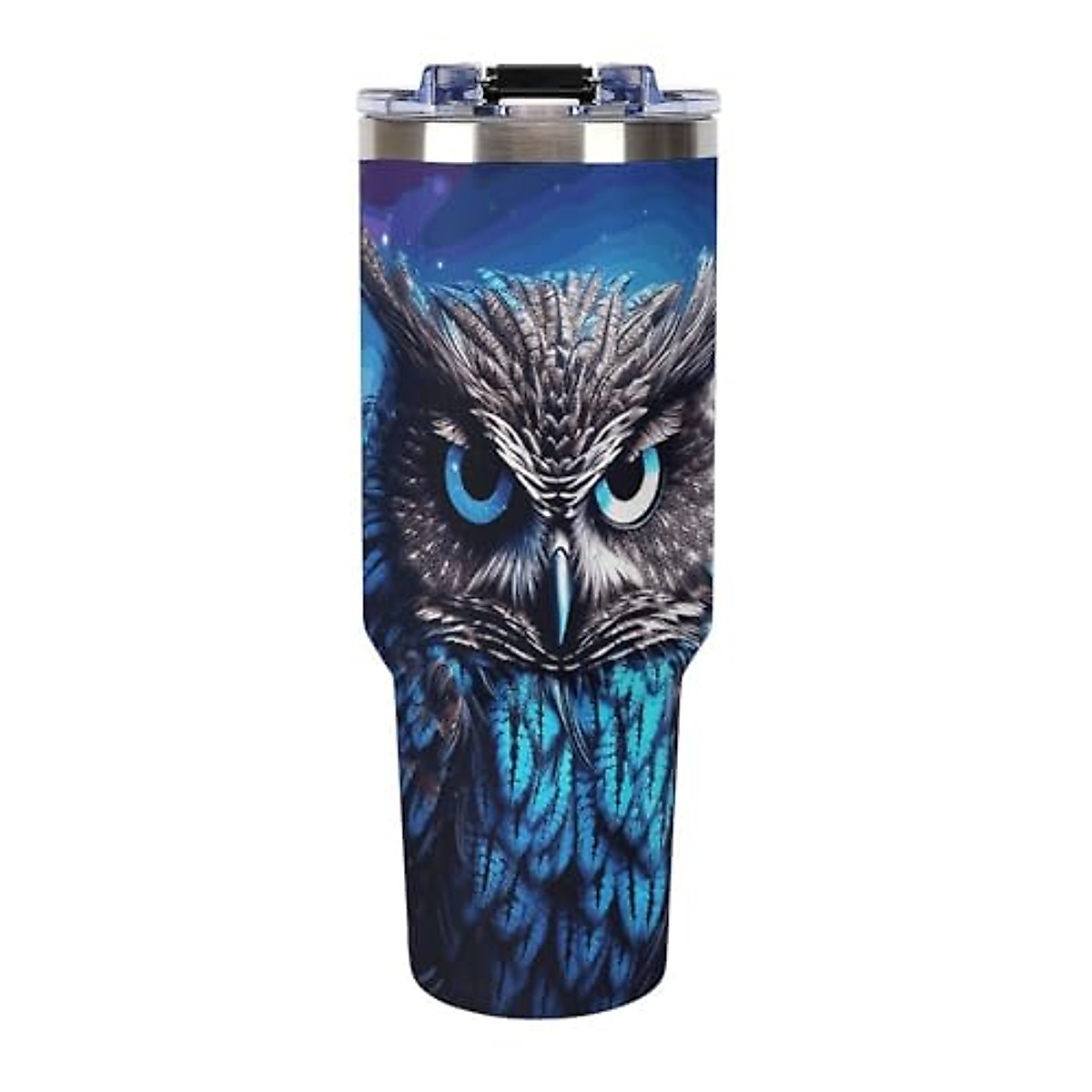 LLUTSNTH 40 Oz Vacuum Tumbler with Violet Handle Leakproof Insulated Tumbler Blue Owl Stainless Steel Travel Mug with Lid And Straw Coffee Cup Cute Water Bottles Cup Holder Friendly