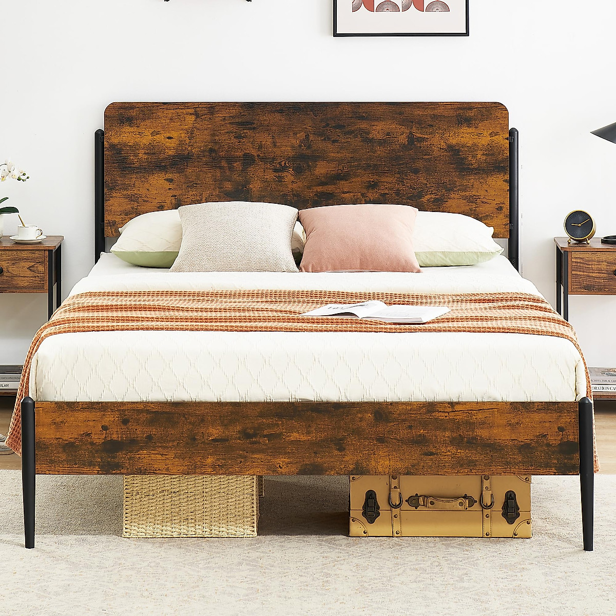 IDEALHOUSE Full Size Metal Bed Frame with Wooden Headboard and Footboard, Platform Full Bed Frame with Under Bed Storage, Strong Metal Slat Support, No Box Spring Needed, Brown