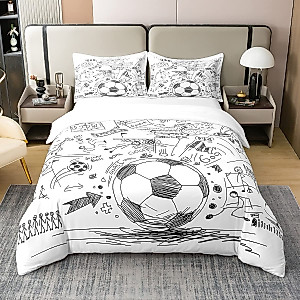 100% Organic Cotton Football Comforter Cover, Hand Drawn Sketch Soccer Flag Network Team Sports Duvet Cover for Boys Teens Men, Decorative 2 Piecce Bedding Set, Twin Size, White Black, No Comforter