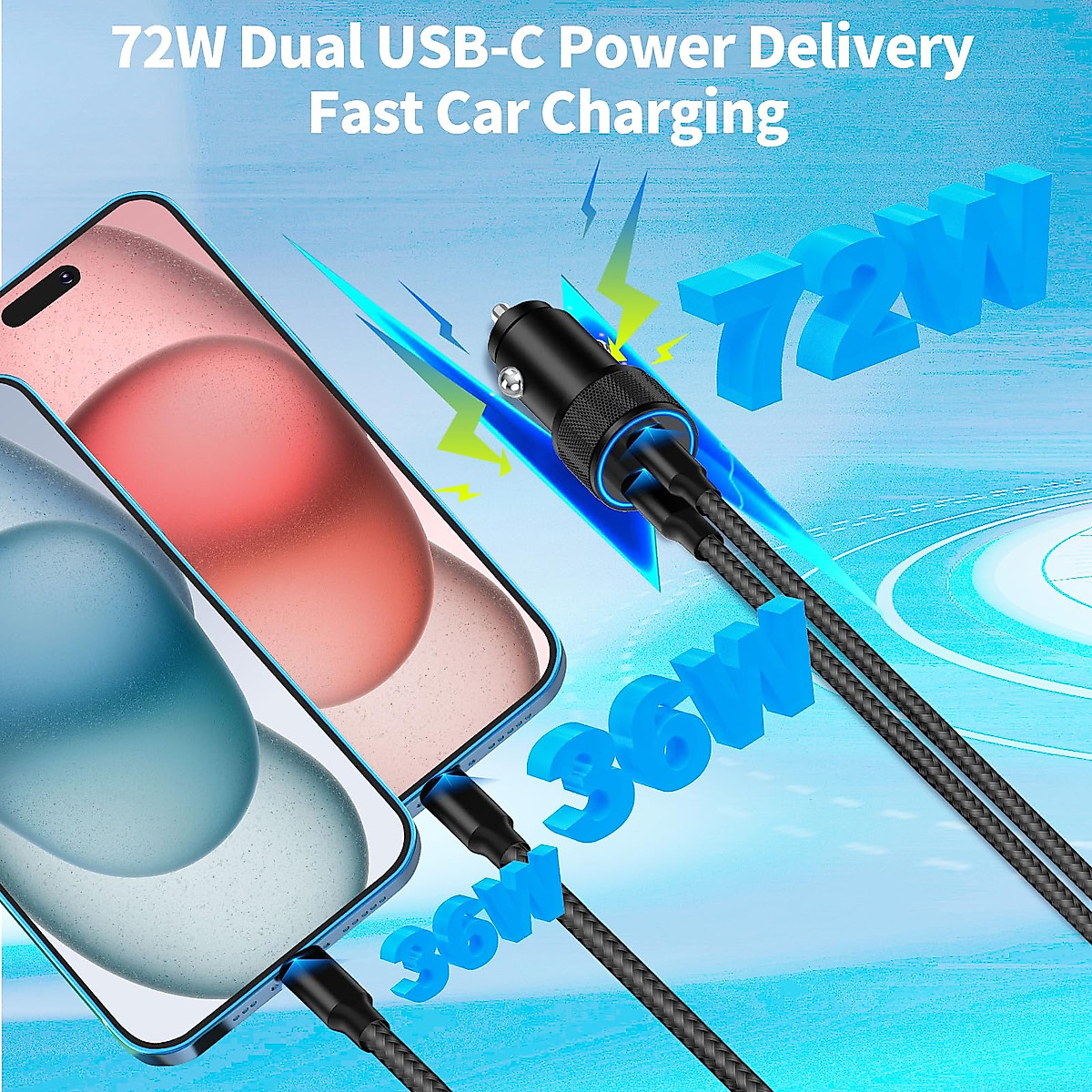 【MFi Certified】iPhone 15 Fast Car Charger, Linocell 72W Dual PD Car Power Cigarette Lighter USB-C Fast Car Charge Adapter+2Pack Type-C Braided Cable for iPhone 15/15 Pro/iPad Pro/Galaxy S24/S23/Pixel