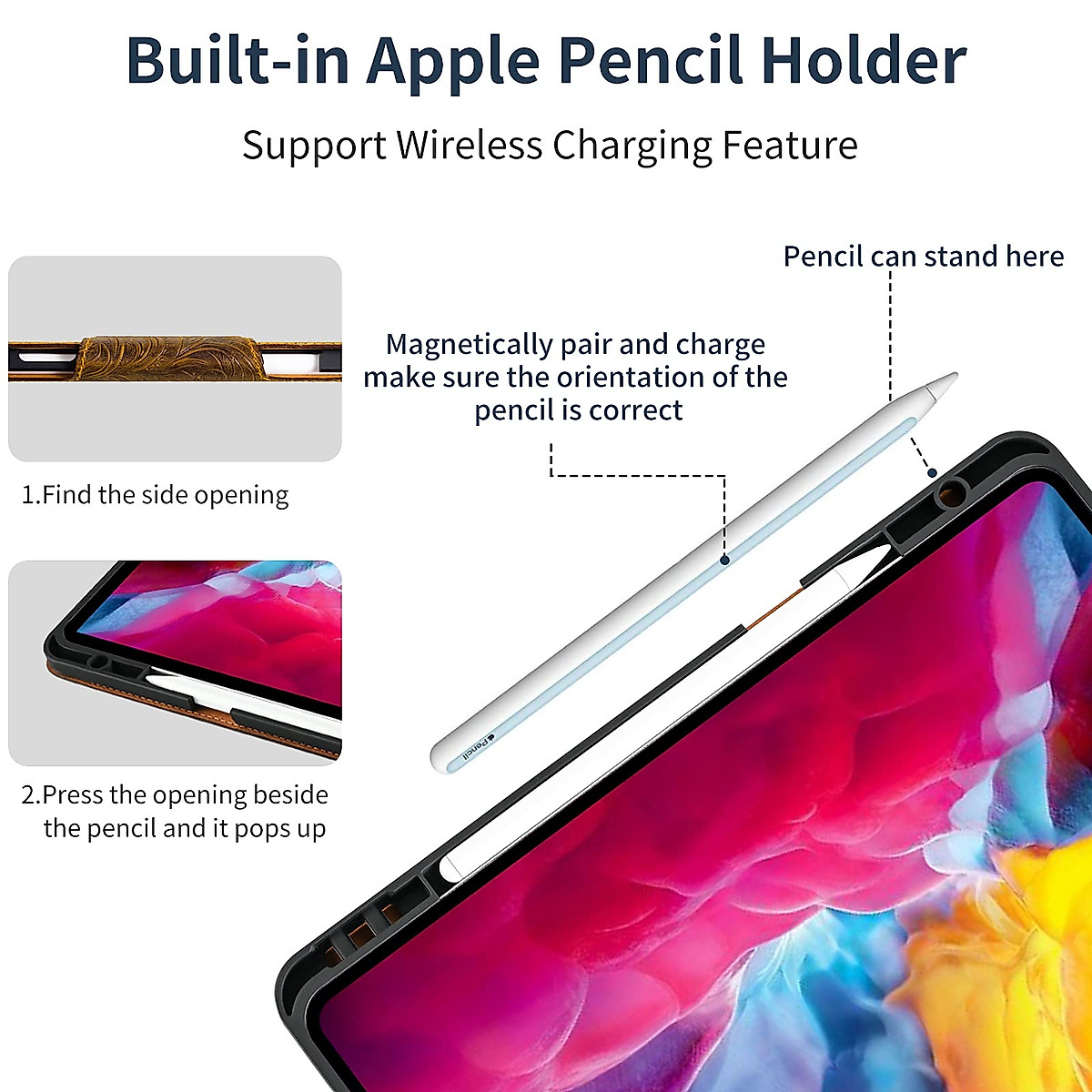 Gexmil Leather Case for iPad Pro 12.9 Inch, 6th/5th/4th/3rd Generation 2022/2021/2020/2018,Genuine Leather Folio Cover Shockproof with Pencil Holder,Magnetic Buckle Auto Sleep/Wake,Flower Pattern