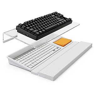 3 in 1 Keyboard Stand w/Wrist Rest and Storage Tray - Klearlook [Ultra Comfortable] PU Leather Wrist Pad & Acrylic Keyboard Riser, 16.9x7.3 inch Tilt Adjustable Computer Keyboard Stand Holder-White