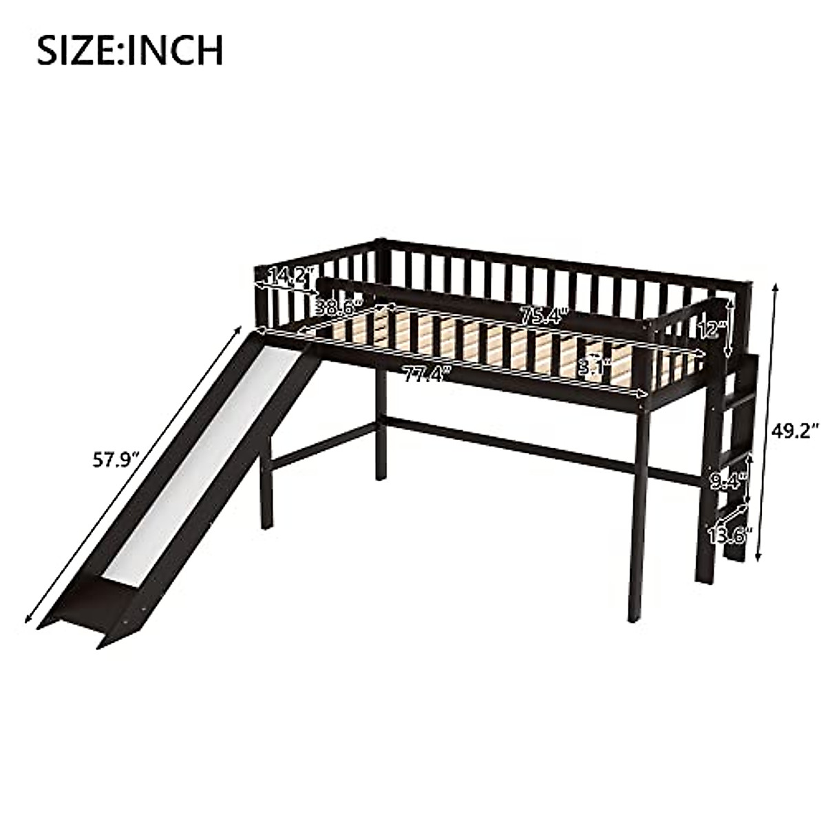 Twin Loft Bed with Slide Rails Frame Wood for Junior Kids Slat Support, No Box Spring Needed