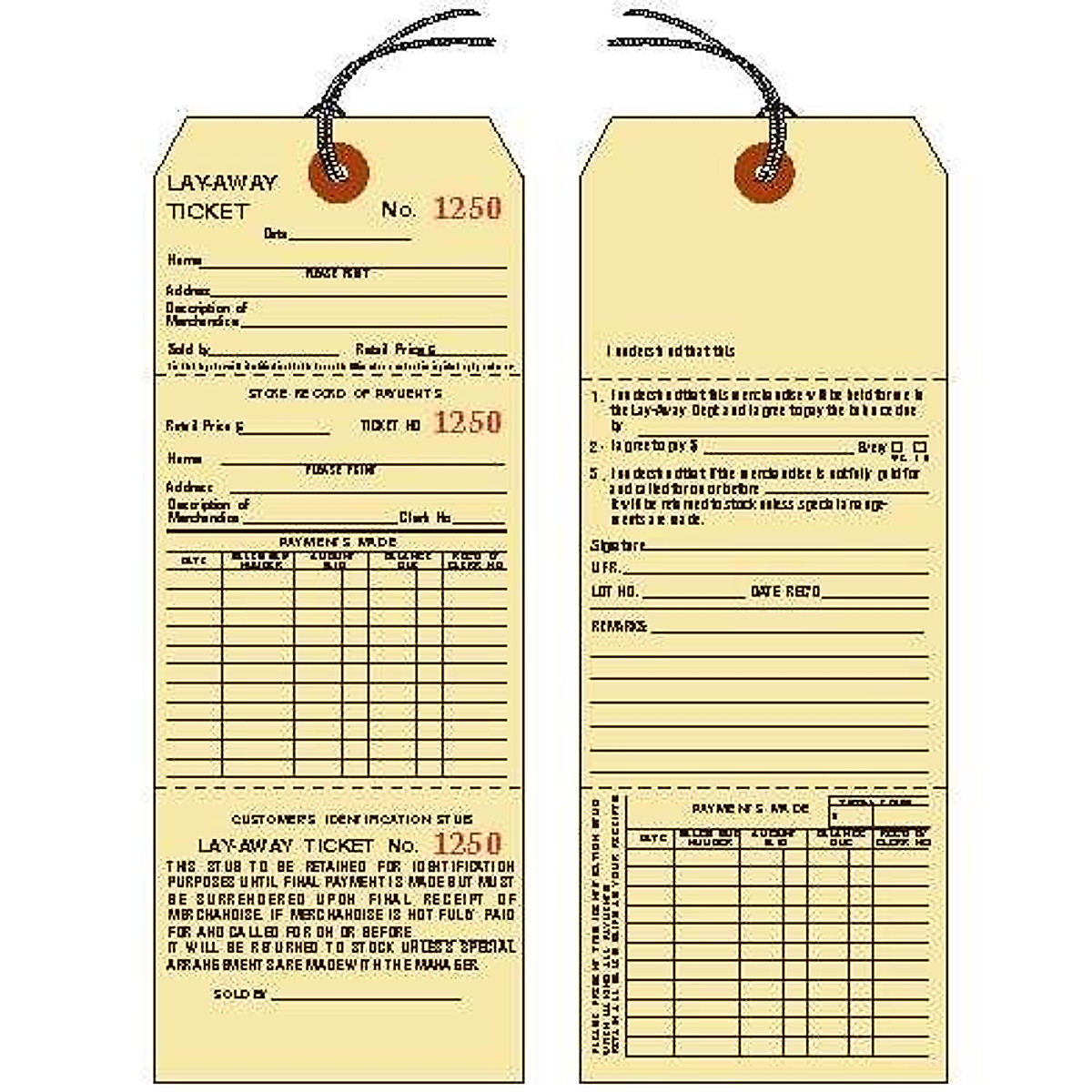 LAYAWAY Tickets/Tags, 8-1/2" X 3-1/8", Manila Cardstock, 3-Part, Consecutively Numbered, Prestrung - Pack of 100