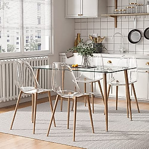 Glass Dining Table Set for 4, 51 inch Dining Table & Chair Sets with Light Wood Metal Legs for Kitchen, Modern Rectangle Tempered Glass Table Top and Transparent Plastic Dining Chair for Dining Room