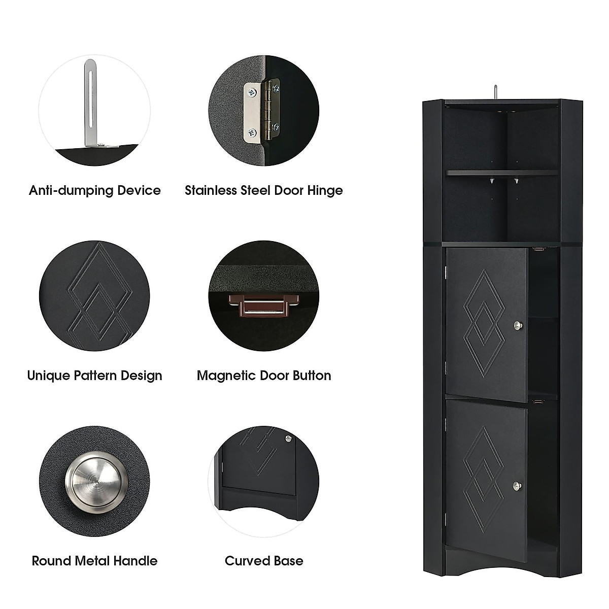 Home Freestanding Storage Cabinet with Five Tier Shelves, Tall Slim Cabinet, Free Standing Linen Tower, Corner Cabinet, Skinny Shelf Cabinet, Bathroom Cabinet Tall Skinny Shelf, Black