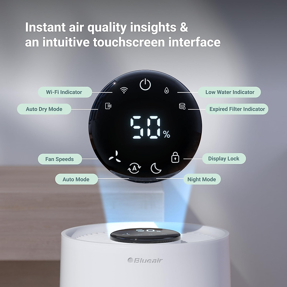 BLUEAIR Premium Smart Humidifier: 3.5L Dishwasher Safe Tank for Large Room, Better Sleep with Evaporative Tech, Auto & Night Mode, Easy Top Fill, Air Quality Insight with App, Touchscreen, 48-Hour run