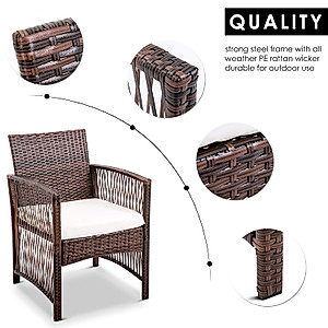YYAO 4 PCs Outdoor Patio Rattan Furniture Conversation Sets PE Wicker Rattan Sofa Chair Cushioned Seat Furniture Set,Coffee Table with Tempered Glass Tabletop - Brown