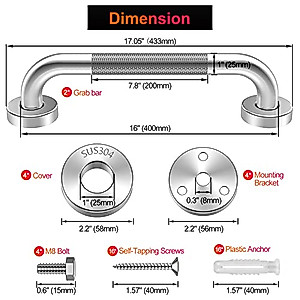 2 Pack 16 inch Anti-Slip Shower Grab Bars,SUS304 Stainless Steel Grab Rails for Bathrooms,Knurled Shower Safety Hand Rail,Bathroom Grab Bar,Handicap Bar Elderly Pregnant Injury Assist Bath Handle