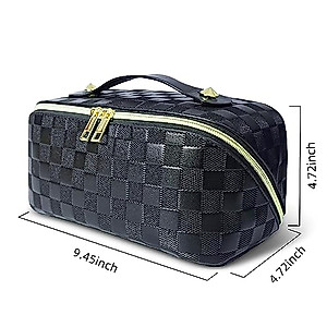vhivhias Portable Checkered Makeup Bag Large Capacity Portable Travel Cosmetic Bag Opens Flat PU Leather Waterproof Black