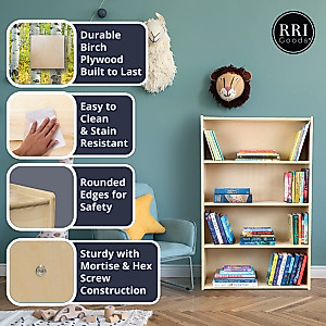 RRI Goods Classic Birch Book Shelf, Wooden Wall Organizer for Books, Toys, Office, and Kids Supplies, Natural (5 Tier - 60")