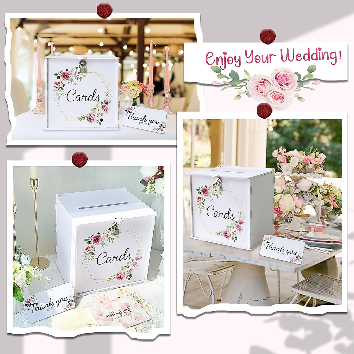 OurWarm PVC White Wedding Card Box with Lock, DIY Gift Card Box for Wedding Reception, Pink Rose Wedding Money Envelope Box for Party Graduation Birthday Baby Shower Decorations