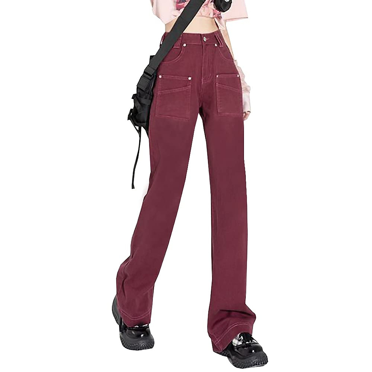 LONGYIDA Women's High Waisted Baggy Jeans Stretchy Wide Leg Straight Jeans Y2K Boyfriend Relaxed Fit Denim Pants Trousers(Red,XL)