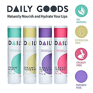Assorted Natural Lip Balm Pack with Cocoa Butter and Coconut Oil by DAILY GOODS, Includes Pomegranate, Coconut, Cherry, and Spearmint Flavors, Enriched with Vitamin E - Pack of 8, 0.15 oz Tubes