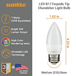 Sunlite 41380-SU LED Torpedo Tip B11 Chandelier Light Bulb, 7 Watts (60W Equivalent), 500 Lumens, Medium Base (E26), Dimmable, 27K - Warm White, 6 Pack, Frost