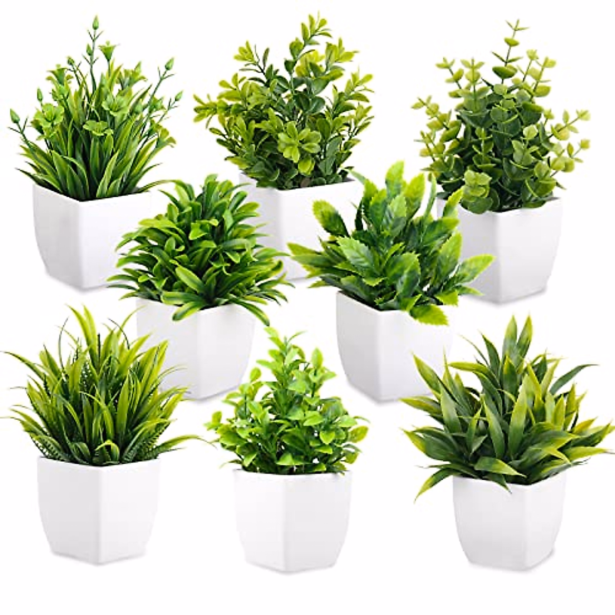 LELEE Artificial Plants Mini Fake Potted Plants, 8 pcs Small Eucalyptus Potted Faux Decorative Grass Plant with White Pot for Home Decor, Indoor, Office, Desk, Shelf, Table Decoration