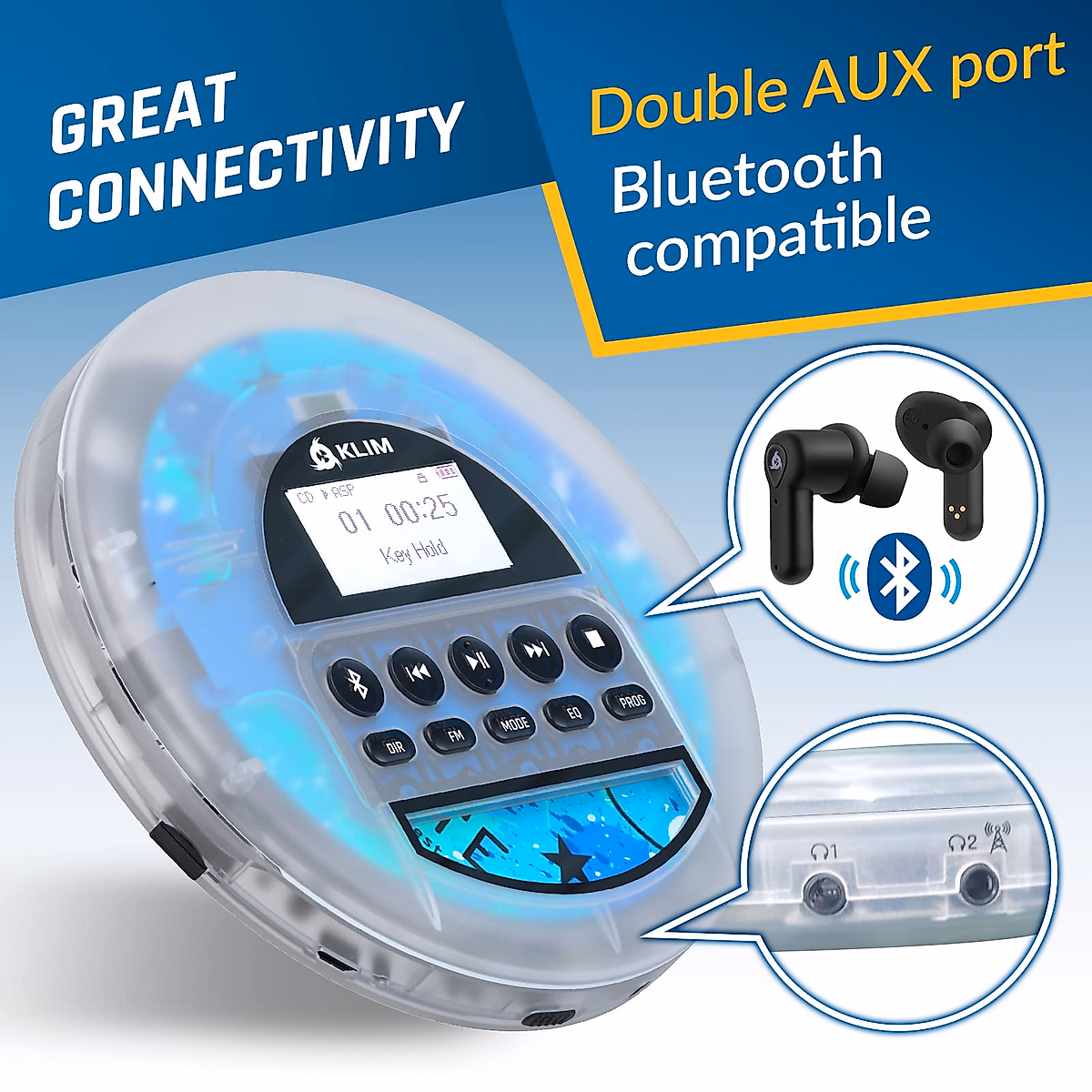 KLIM Nomad Transparent - New 2024 - Portable CD Player Walkman with Long-Lasting Battery - Includes Headphones - Radio FM - MP3 CD Player Portable - TF Card Radio FM Bluetooth - Ideal for Cars