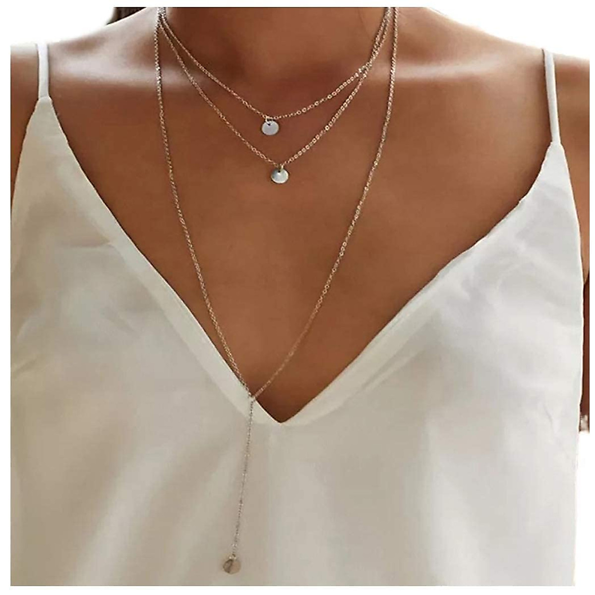 Fdesigner Fashion Layered Long Necklace Coin Pendant Necklaces Chain Charm Necklace Jewelry for Women(Silver)