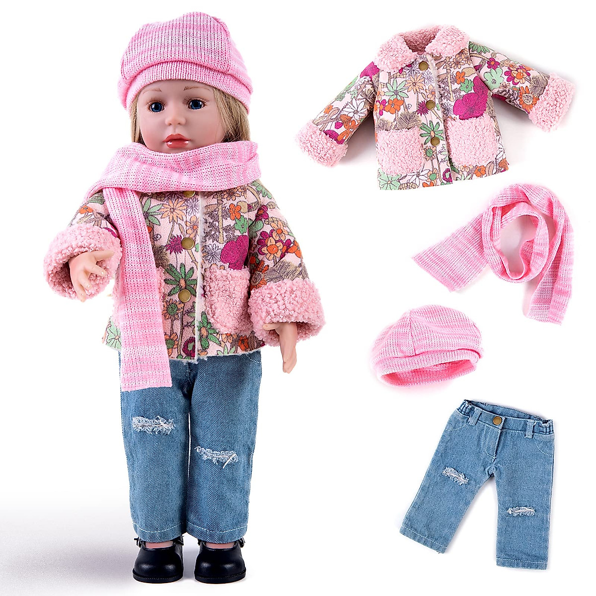 Rakki Dolli Doll Clothes 4 Piece Set Includes Pink Flower Snow Jacket, Knitted Wool Hat, Scarf and Hipster Jeans Fits for 18" American Girl Dolls (Doll and Shoes Not Included) 008