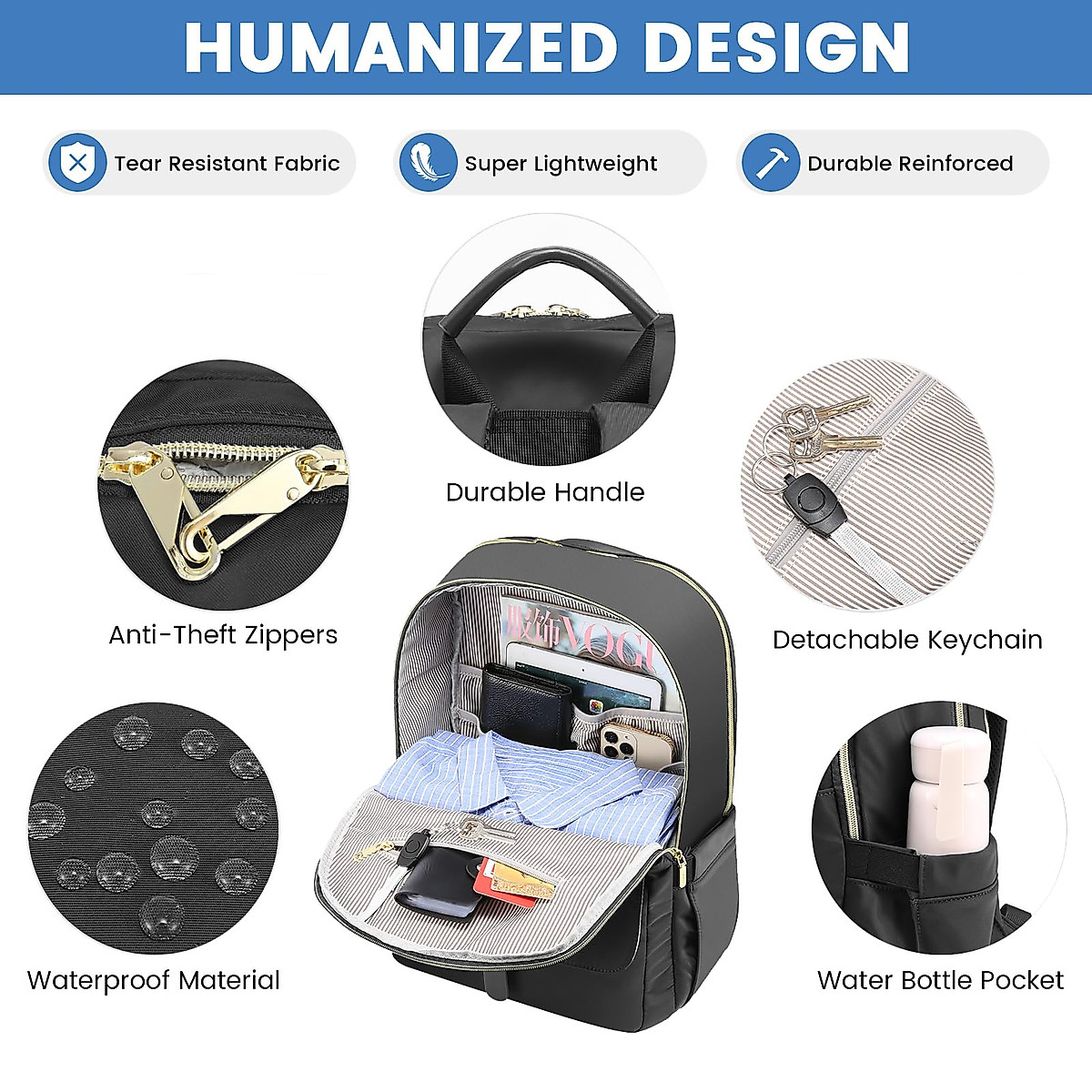 JFFD Laptop Backpack for Women Fashion Travel Work Backpack With Anti-Theft Zipper, Waterproof Student Bookbag for College School, 15.6 Inch Business Computer Backpack Purse, Black