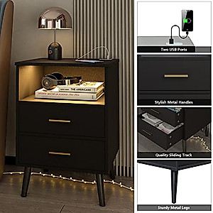 LVSOMT Black Nightstand with Charging Station and LED Lights, Modern Bedside Table Smart Night Stand, End Side Table with 2 Drawers, Open Storage Shelf, USB Port for Bedroom Living Room