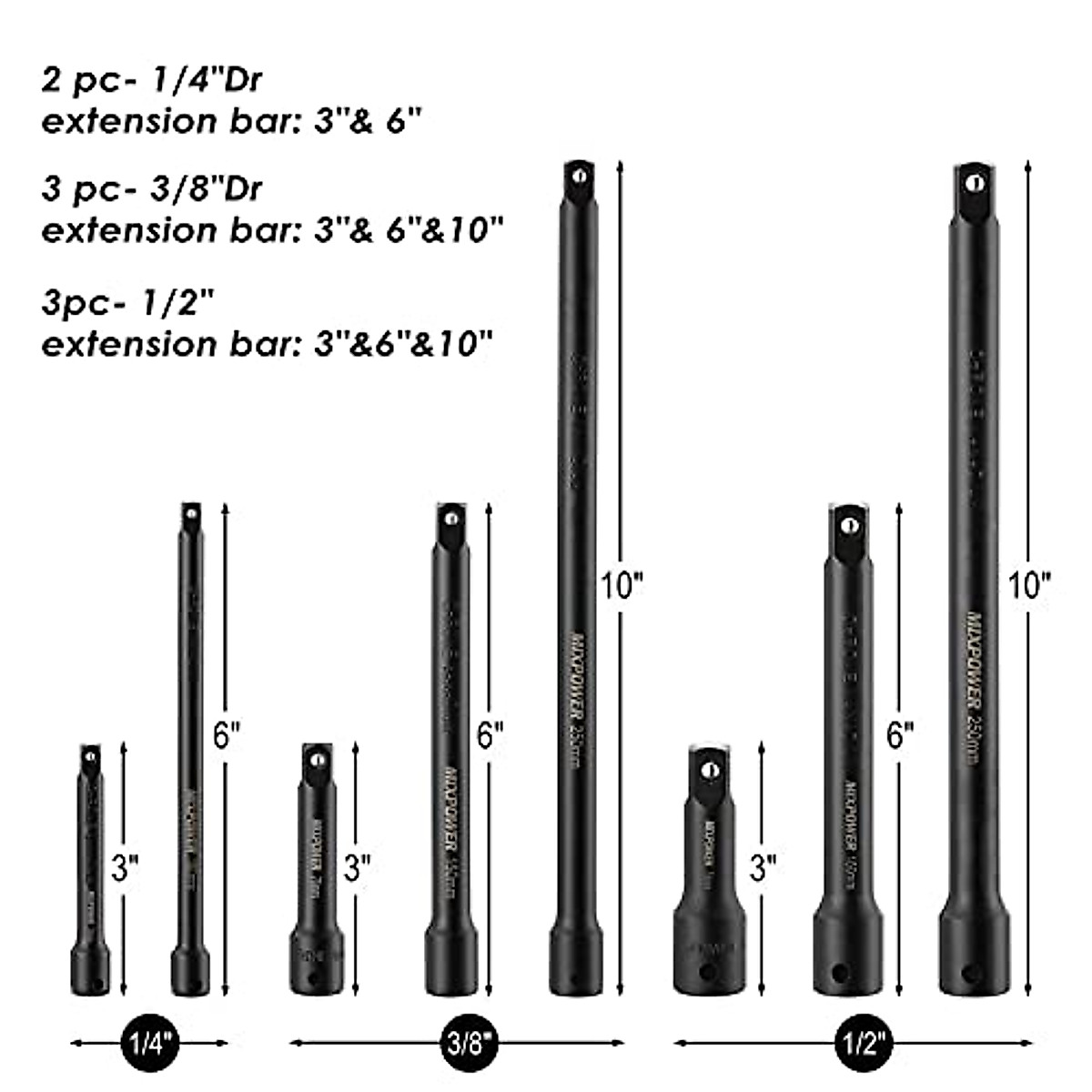 MIXPOWER 18 Pieces Drive Tool Accessory Set, CR-V Steel with Black Phosphate Finish, Includes Socket Adapters, Extensions and Universal Joints and Impact Coupler, Professional Socket Accessories