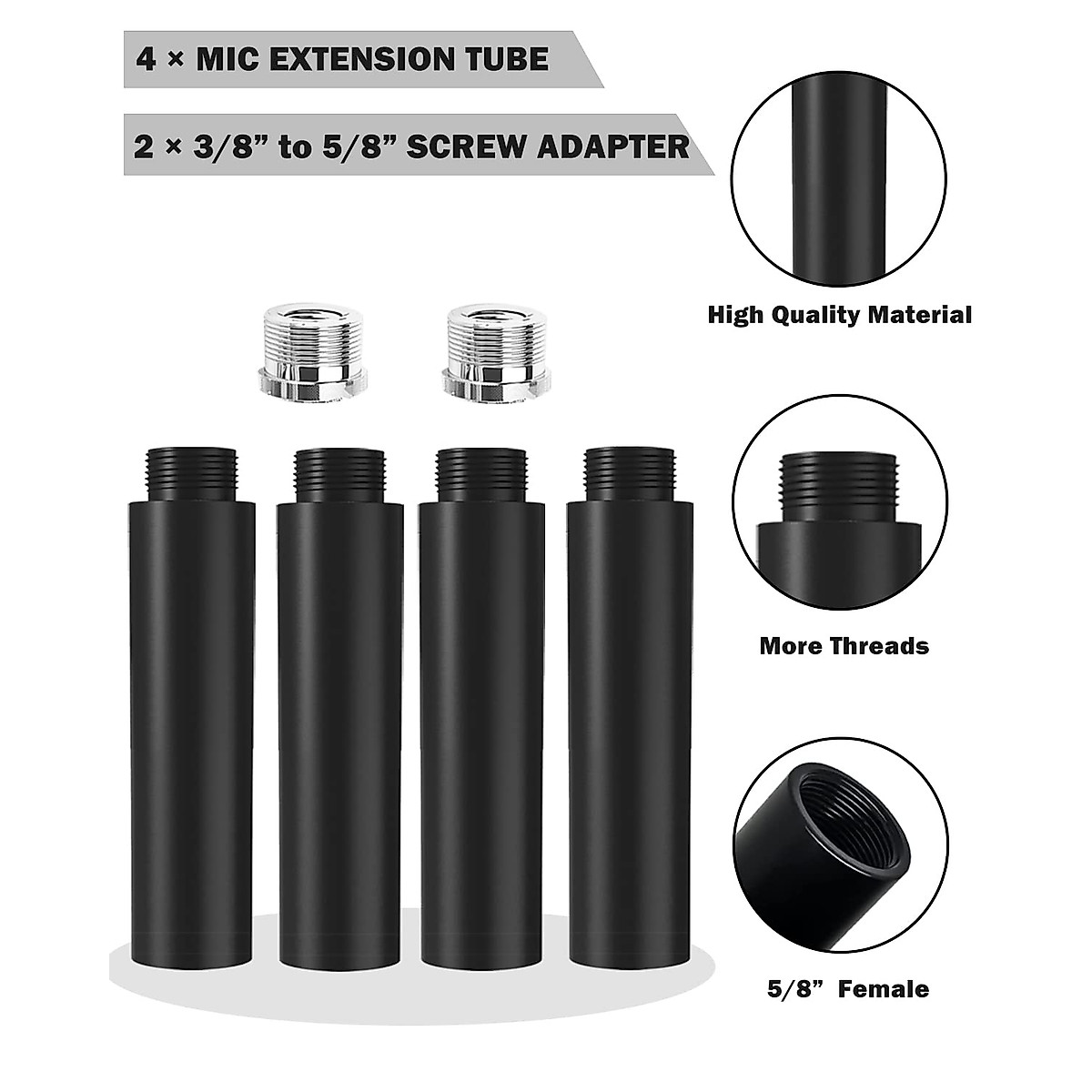 Boseen Mic Stand Extension Tube, 4 Pieces Microphone Extension Pipe Microphone Stand Extender with 2 Screw Aadpters for Desk Boom Arm Stands
