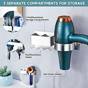 Oukimly Hair Dryer Holder Wall Mounted, Hair Tool Organizer, Stainless Steel Blow Dryer Holder, Adhesive Hair Dryer Hanger, Hairdryer Holder for Bathroom with Plug Hook and Storage Compartment