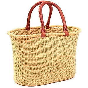 Ghana African Handmade Woven Oval Picnic Shopping Baskets (Natural with Brown Handles)