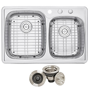 CozyBlock 33 x 22 x 9 Inch 60/40 Offset Top-mount/Drop-in Stainless Steel Double Bowl Kitchen Sink with Strainer and Protective Bottom Grid - 18 Gauge Stainless Steel-3 Faucet Hole