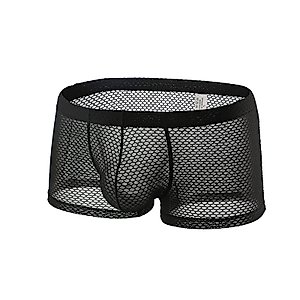 Ctreela Sexy Lingerie for Men Mesh See-Through Boxer Brief Fishnet Underwear Booty Shorts Solid Dual Pouch Underpants Black