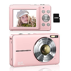 Digital Camera for Kids, Lecran 1080P 44MP Kids Camera with 32GB Card Point and Shoot Camera with 16X Zoom, Compact Portable Cameras Christmas Birthday Gift for Children Kids Teens Girl Boy(Pink)
