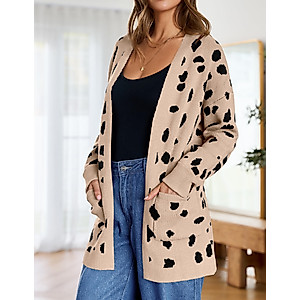 ZESICA Women's Fall Winter Long Sleeves Open Front Leopard Print Knitted Sweater Cardigan Coat Outwear,A Beige,Medium
