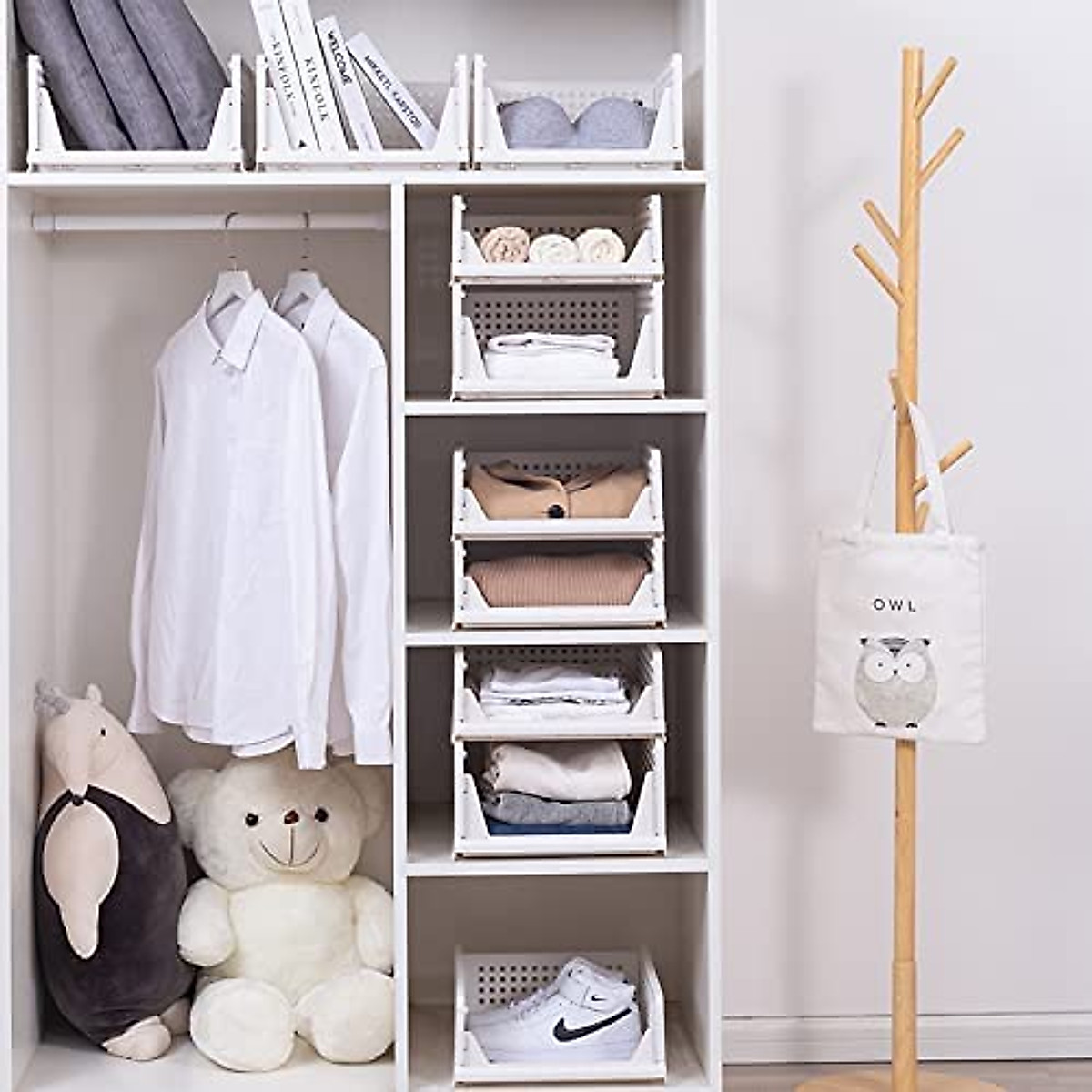 mupera Storage Drawers Clothes Stackable - White Plastic Folding Storage Plastic Bin, Push-pull Clothes Organizer Shelf, Collapsible Storage Box for Wardrobe Bathroom Kitchen Office(2 Pack L)