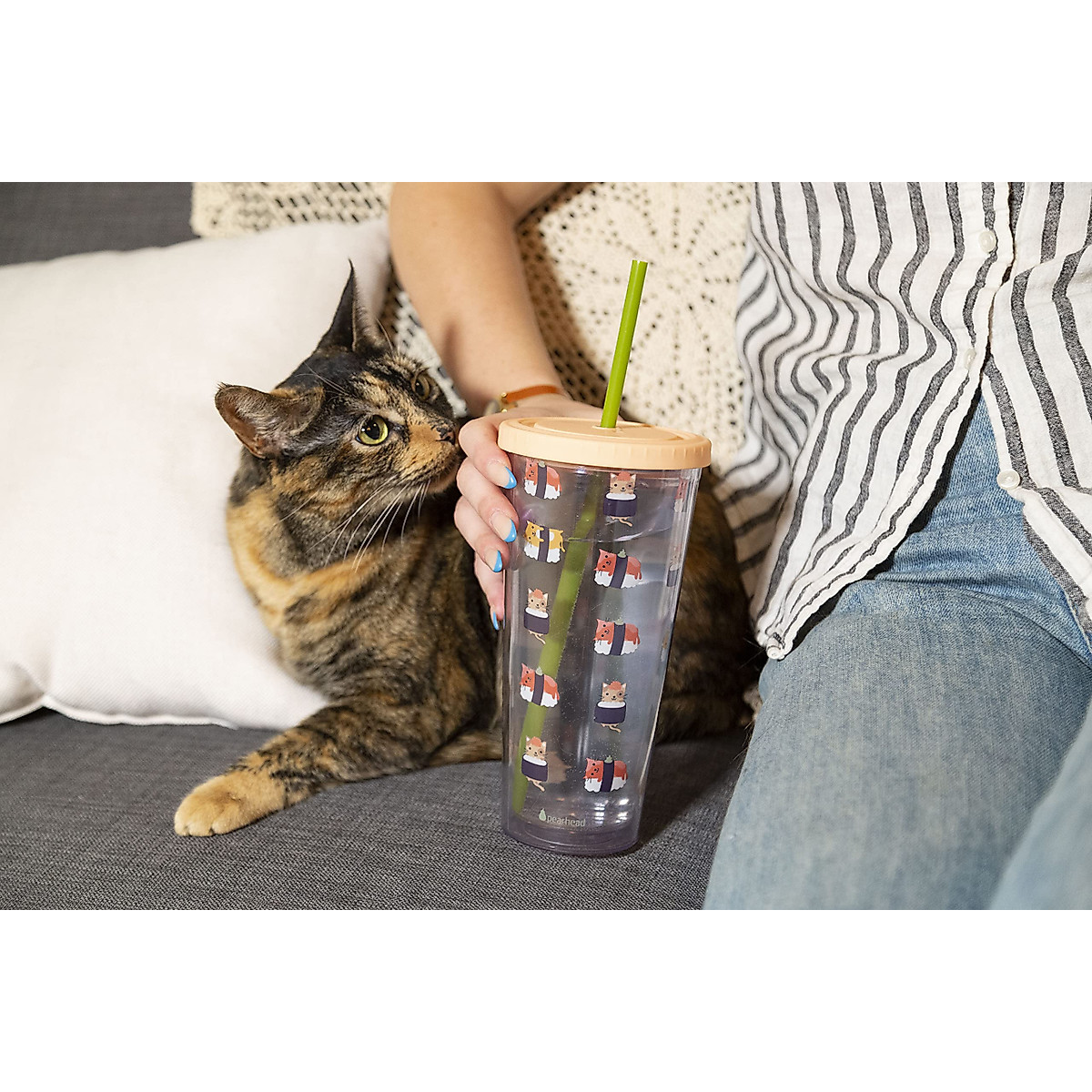 Pearhead Cat Sushi Water Tumbler, Pet Owner Travel Tumbler Cat Accessory, Cat Owner Water Cup for At Home or On-the-Go, Drink Tumbler with Twist on Lid and Reusable Straw, 22oz