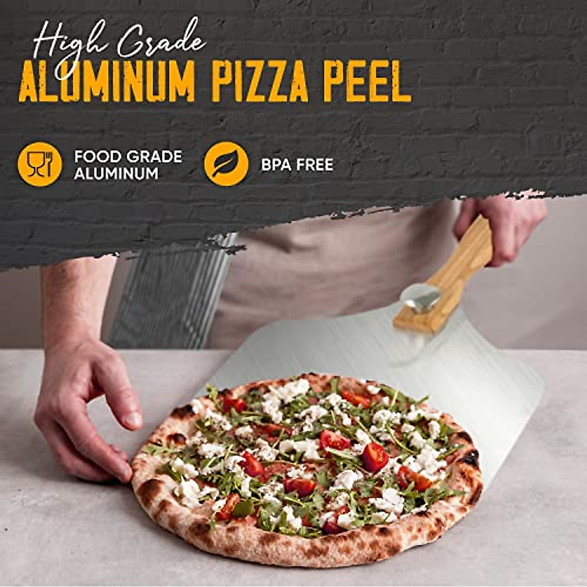 PIZALAA Pizza Peel 12 Inch with Pizza cutter - Aluminium Metal Pizza Paddle with Foldable Wooden Handle for Easy Storage, Pizza Cutter Rocker, Pizza Server, Pizza Oven Accessories, Homemade Pizza